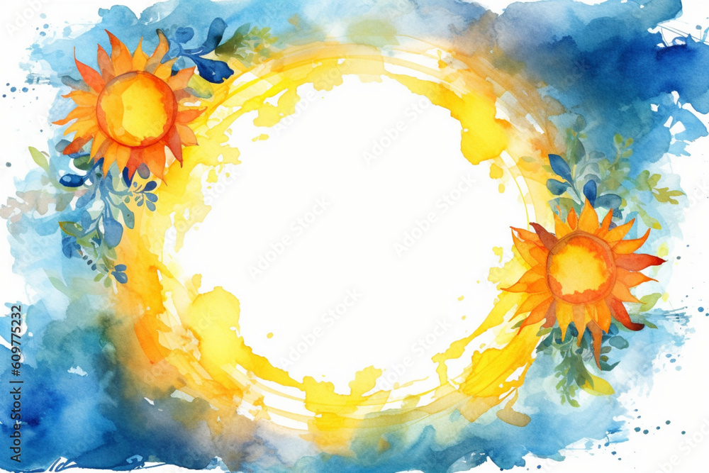 Summer Solstice card background frame, Watercolor illustration with ...