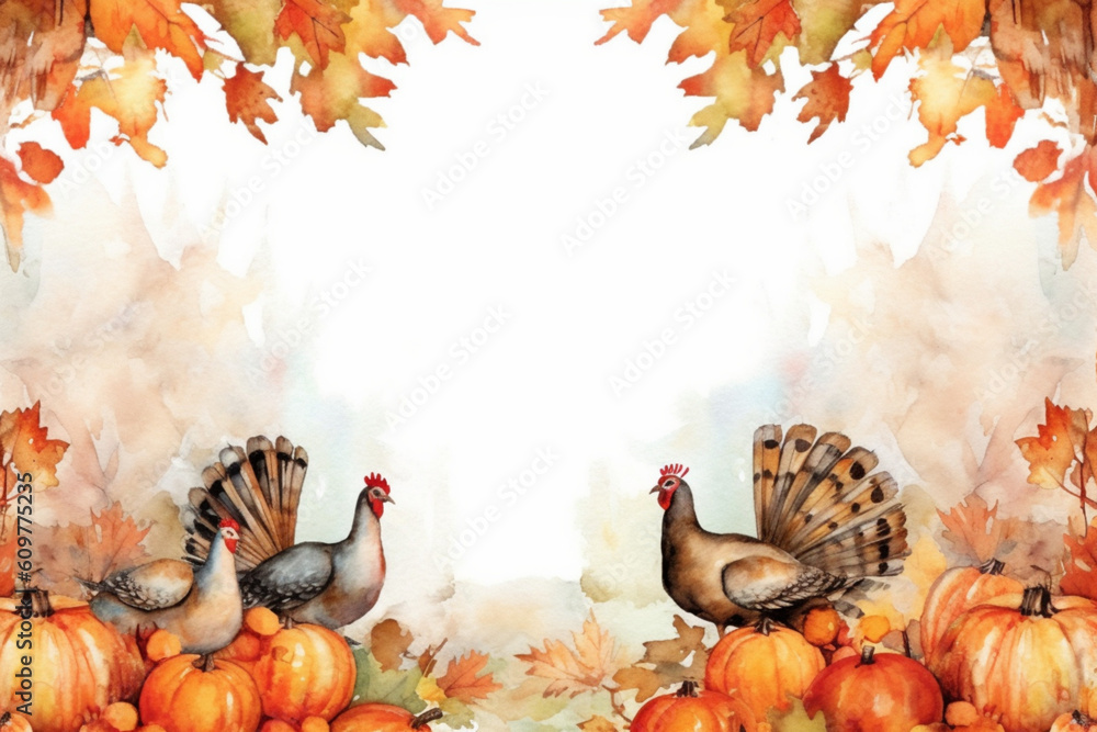 Thanksgiving card background frame, Watercolor illustration with white ...