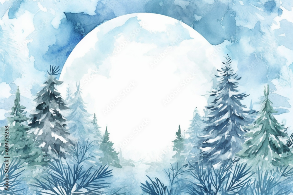 Winter Solstice card background frame, Watercolor illustration with ...