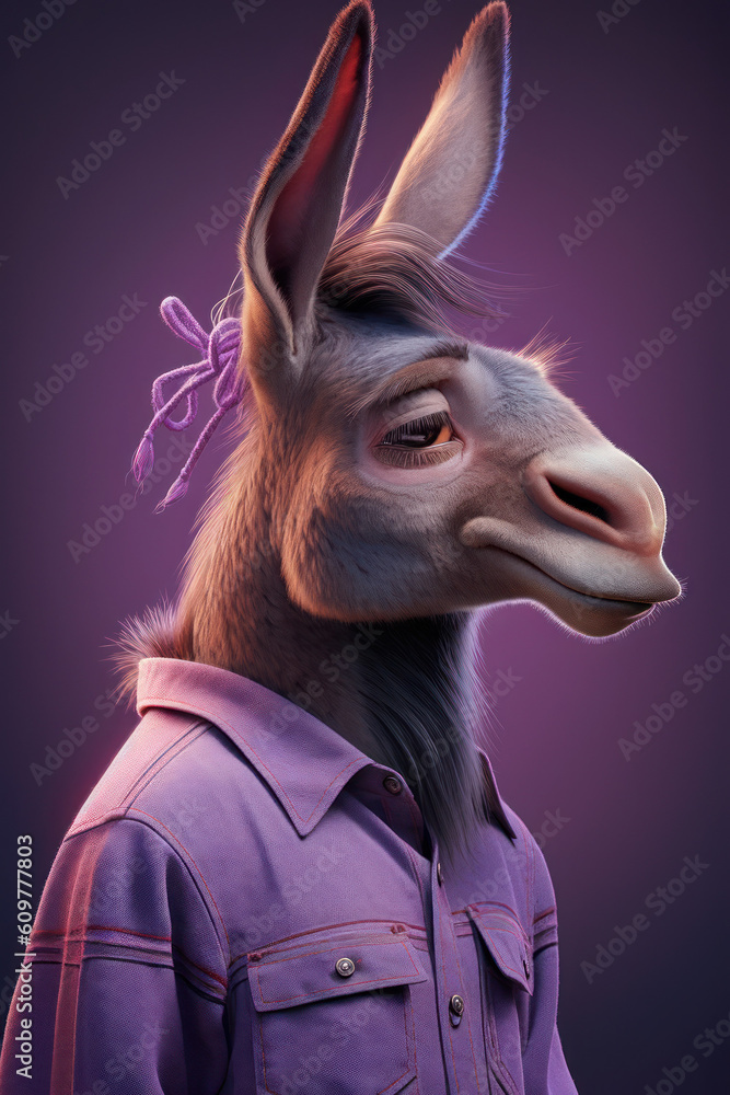Anthropomorphic donkey dressed in human clothing. humanized animal ...