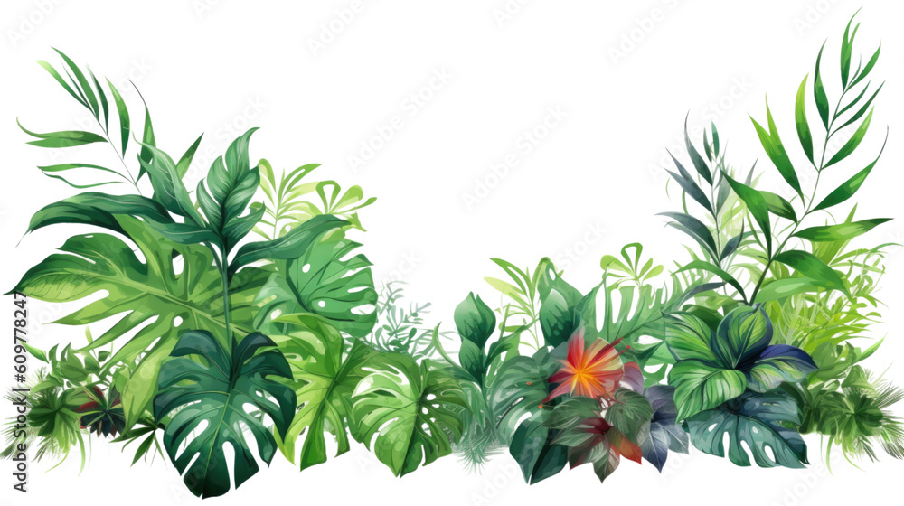 tropical foliage corner borders in watercolor style, isolated on a ...