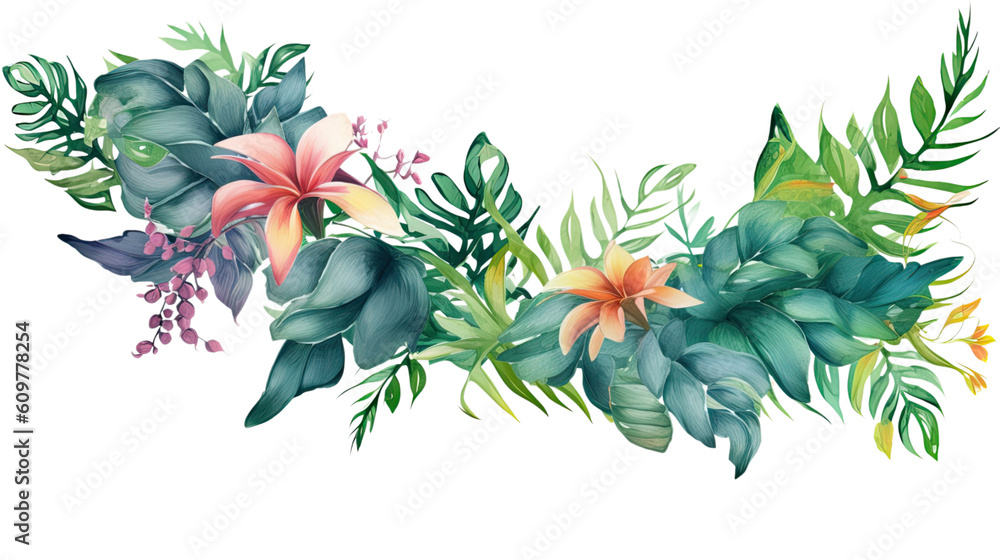 tropical foliage corner borders in watercolor style, isolated on a ...