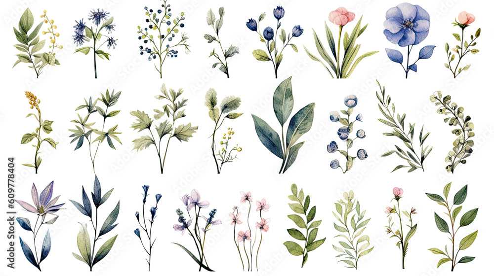 watercolor botanical labels and badges isolated on a transparent ...