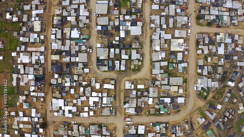 Township, drone and shack buildings in South Africa, Gugulethu or ...