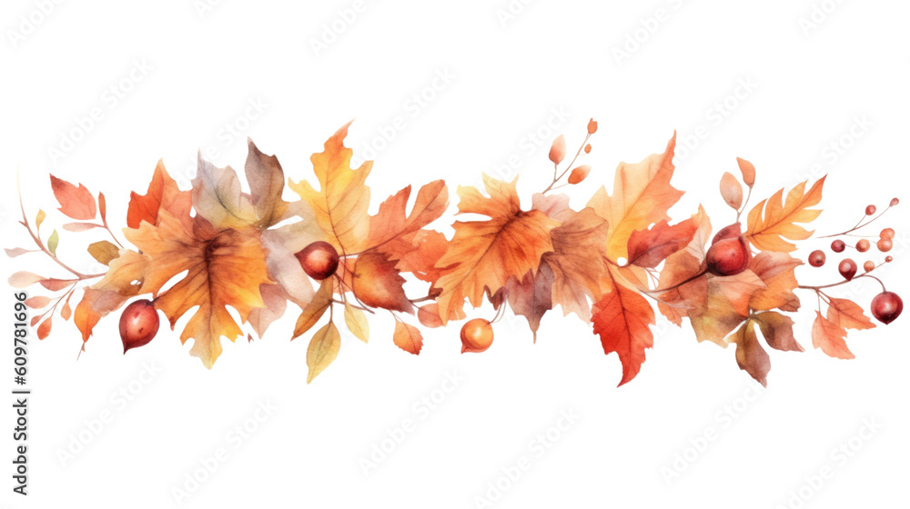 autumn foliage garland in watercolor style, isolated on a transparent ...