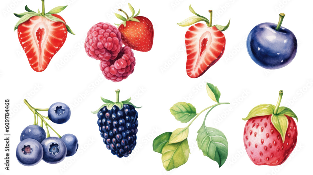 vibrant berry collection in watercolor style, isolated on a transparent ...