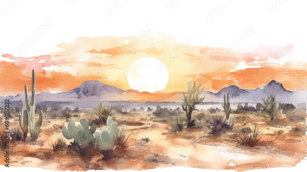 desert sunset landscape in watercolor style, isolated on a transparent ...