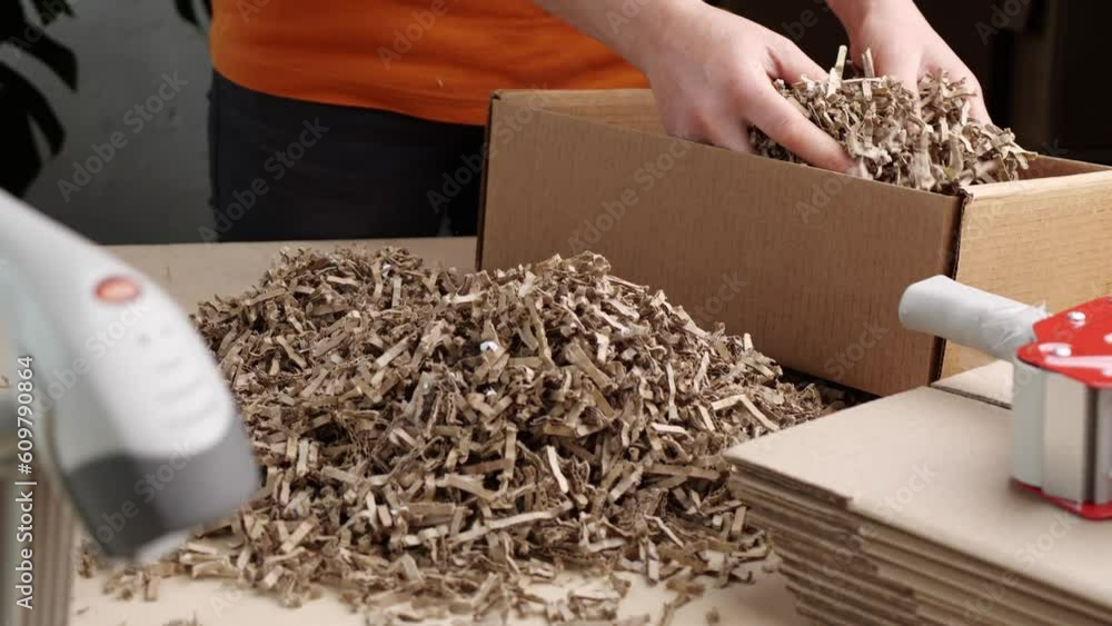 Shredded cardboard as packing material. Eco-friendly recycled cardboard ...