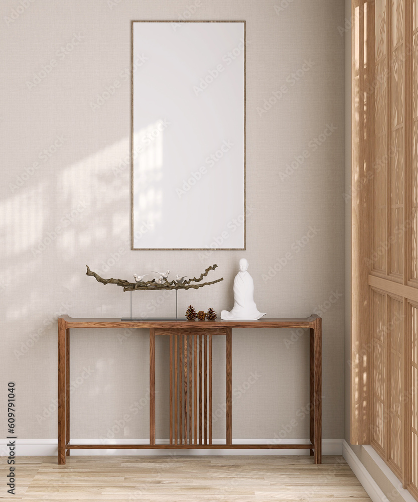 Blank long vertical photo poster frame on beige wall in Japanese living ...