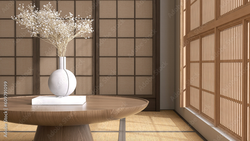 Round wood table counter podium, gray vase, white bouquet flower on ...