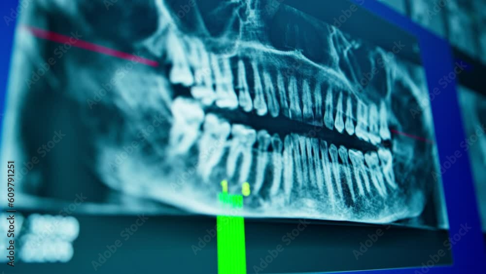Video Stock scanning of teeth on an X-ray image of a patient's jaw on a ...
