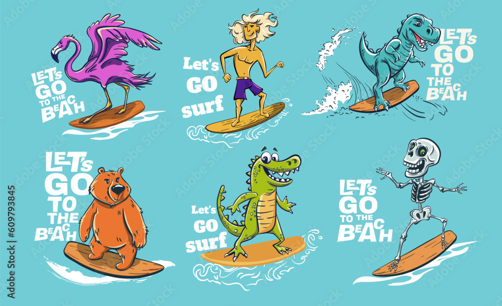 Animals dude surf summer t-shirt print. Wild bear, dinosaur, crocodile ...