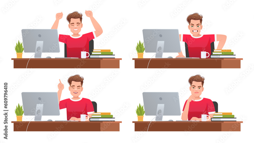 Various emotions of a person working in the office at the computer. The ...