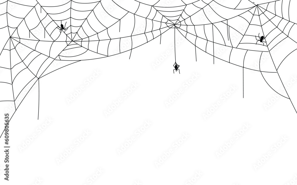 Halloween spider web border, spooky cobwebs with hanging spiders Stock ...