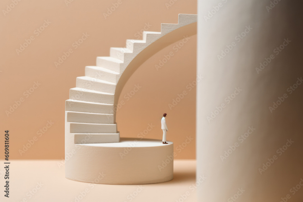 Conceptual "downward trend" still life with miniature figurine and ...
