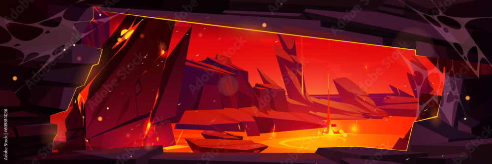 Volcano lava hell rock cave view fantasy game cartoon background ...