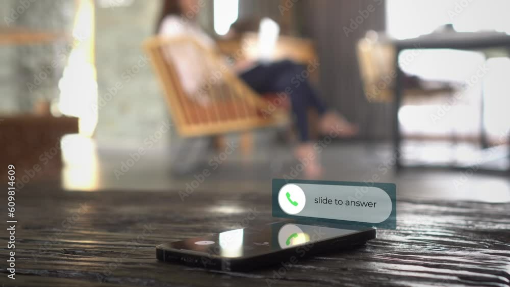 Receiving a call on mobile smart phone, animated icon with woman ...