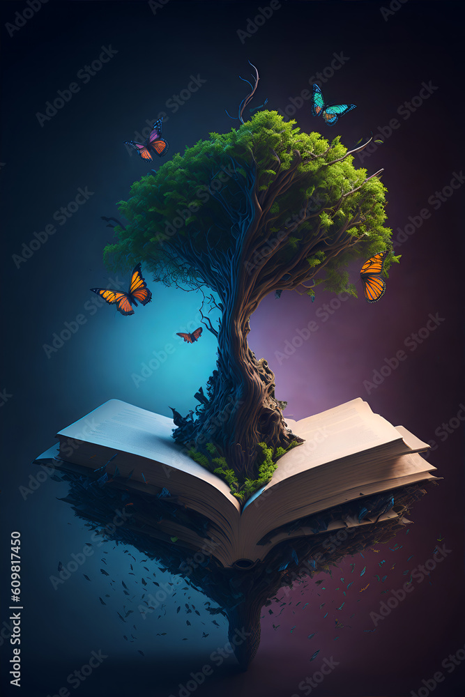 Open book with tree over floating colourful leaves, created using ...
