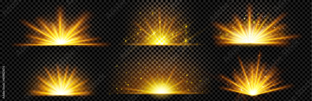 Realistic set of golden light shine isolated on transparent background ...