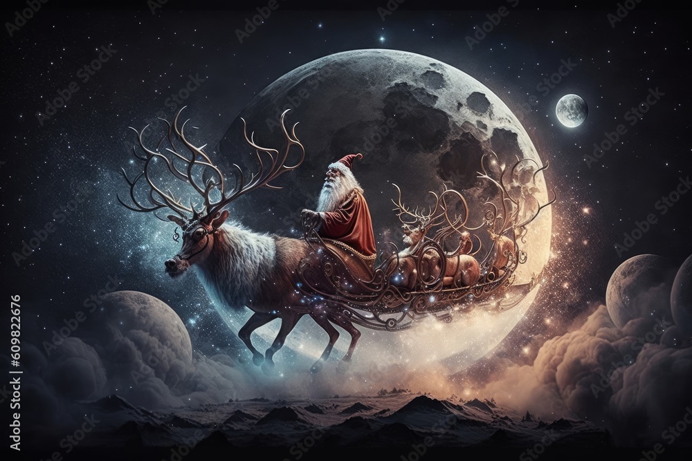 Santa Claus in his Sleigh scene reindeers magic fairy dust moon scene ...