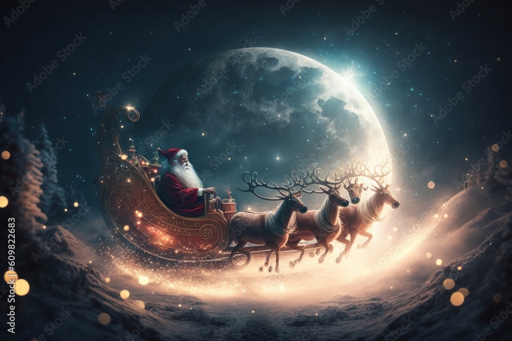 Santa Claus in his Sleigh scene reindeers magic fairy dust moon scene ...