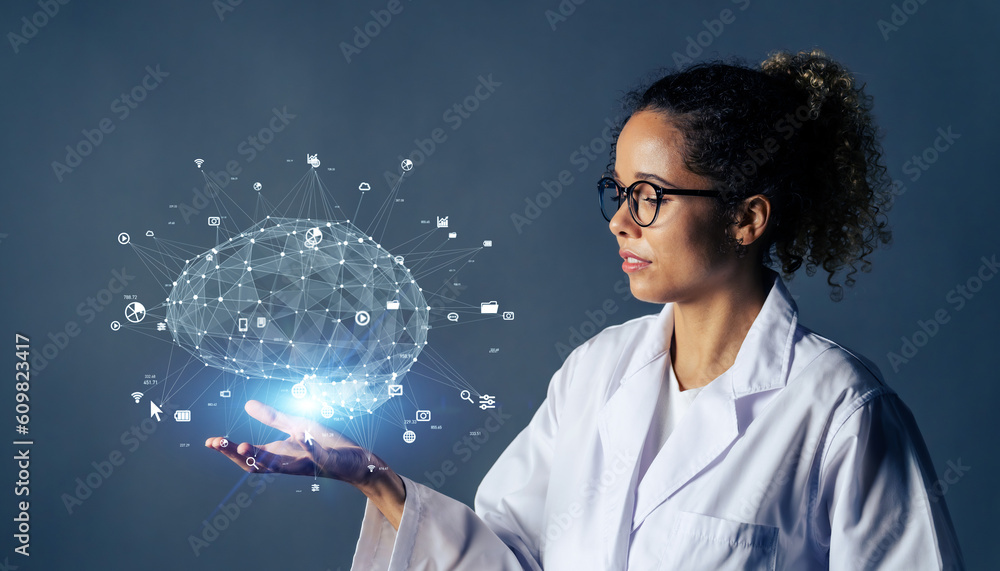 Mixed media of black woman wearing lab coat and AI (Artificial ...