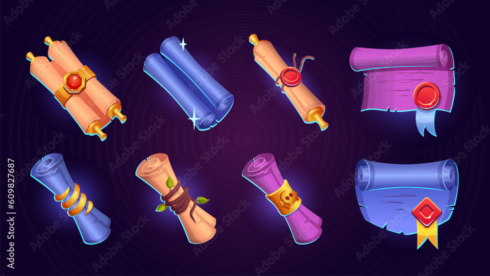 Magic scroll parchment ui game icon cartoon vector icon. Fantasy ...
