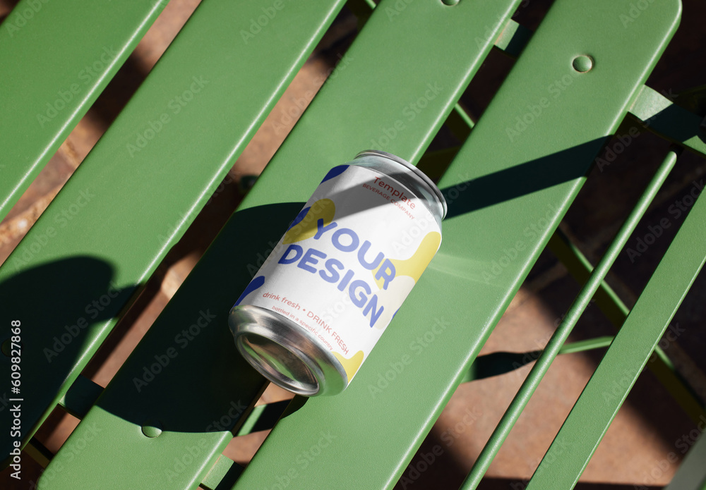 Mockup of customizable 12oz 33cl drinks can and label on chair Stock ...