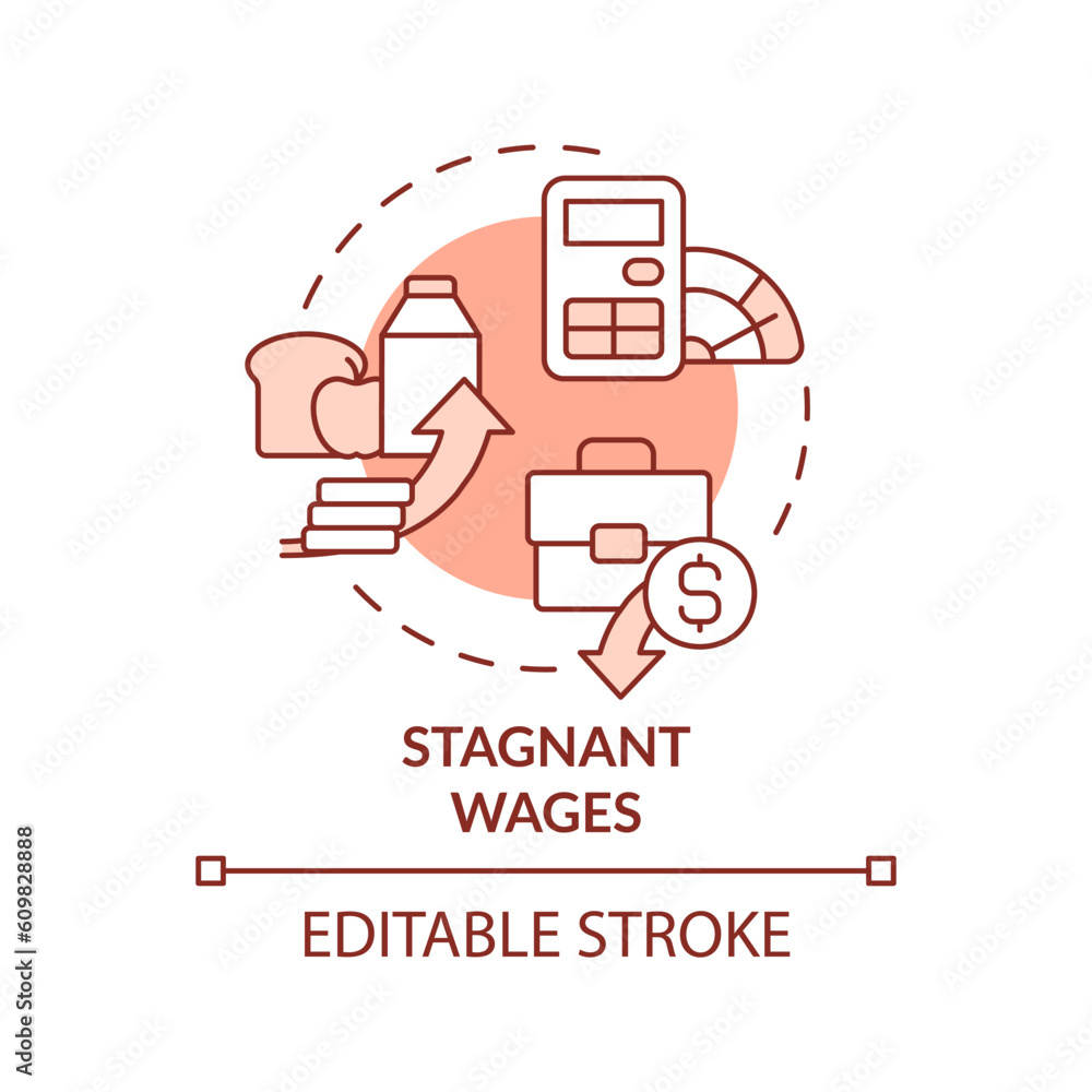 Stagnant wages red concept icon. Income inequality. Rising prices. Low ...