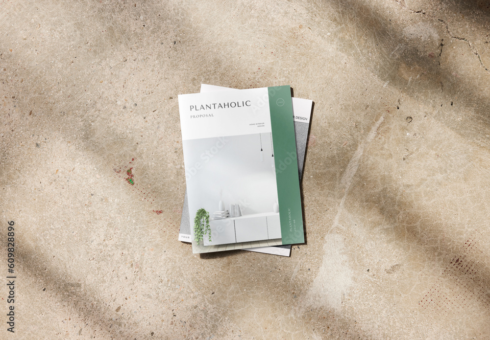 Mockup of two closed vertical A4 saddle stich magazines with ...