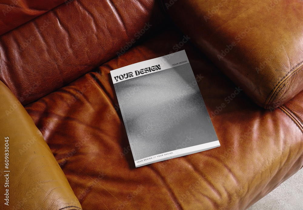Mockup of closed A4 magazine with customizable front cover on leather ...