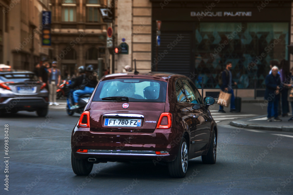 France, Paris - May 20, 2023: Fiat 500 Hybrid in the center of Paris ...