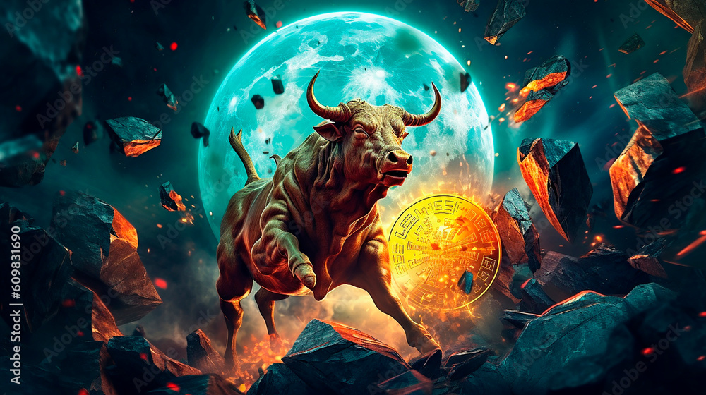 bull market, a green bull powerfully runs through a narrow street, high ...