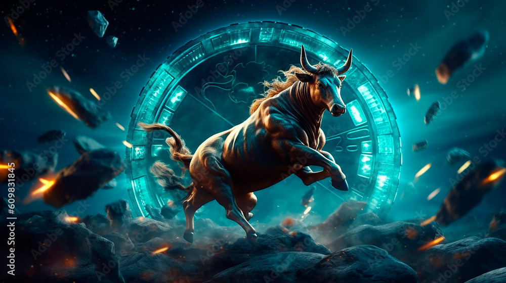 bull market, a green bull powerfully runs through a narrow street, high ...