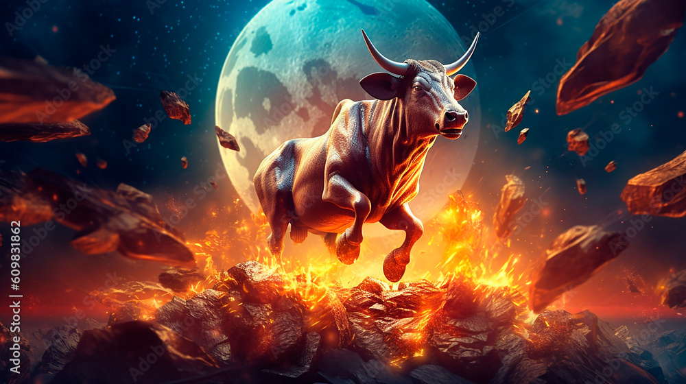 bull market, a green bull powerfully runs through a narrow street, high ...