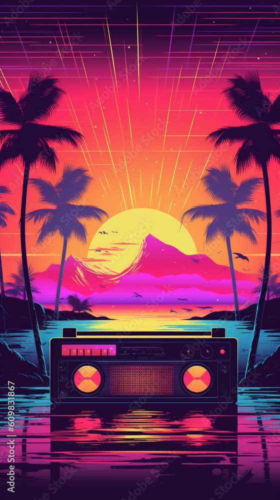 Retrowave Retro Radio Musikbox mit Palmen, Gebirge und Sonnenuntergang ...