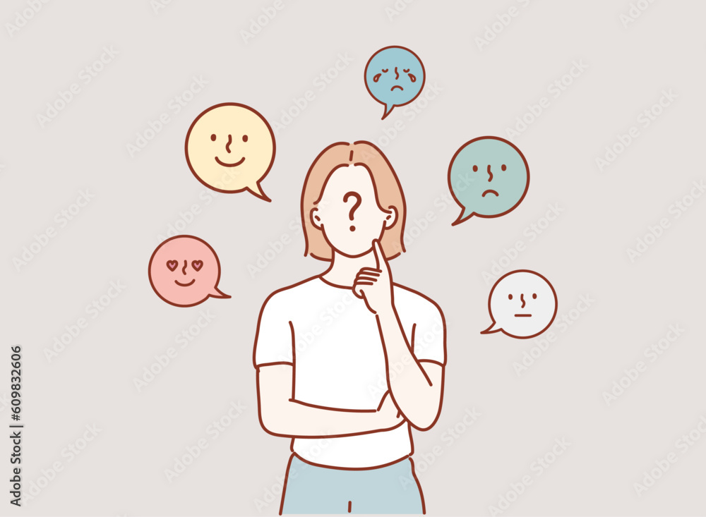 Young Woman expressing different state of mood. Hand drawn style vector ...