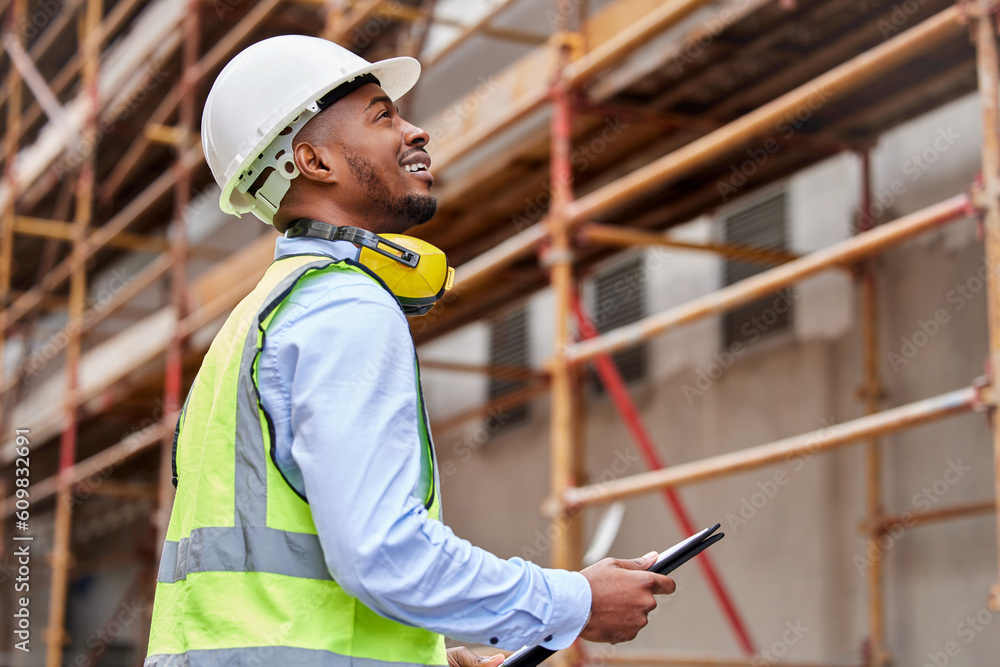 Architecture, inspection and checklist with black man on construction ...