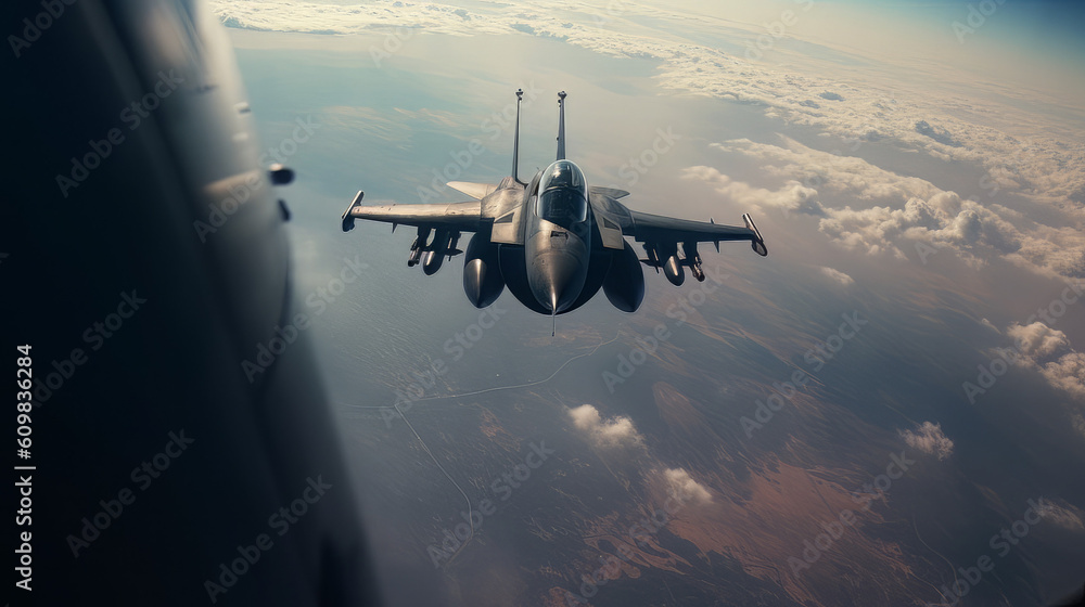 aerial high view of a generic military fighter jet crosses over a ...