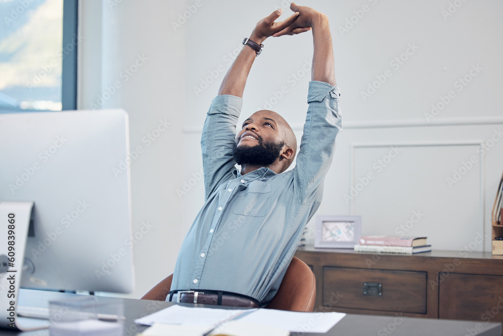 Relax, business and black man stretching, employee and professional ...