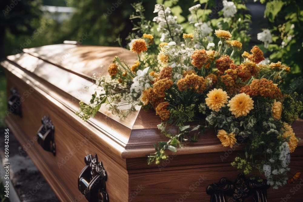 A coffin decorated with flowers. Beautiful farewell ceremony ...