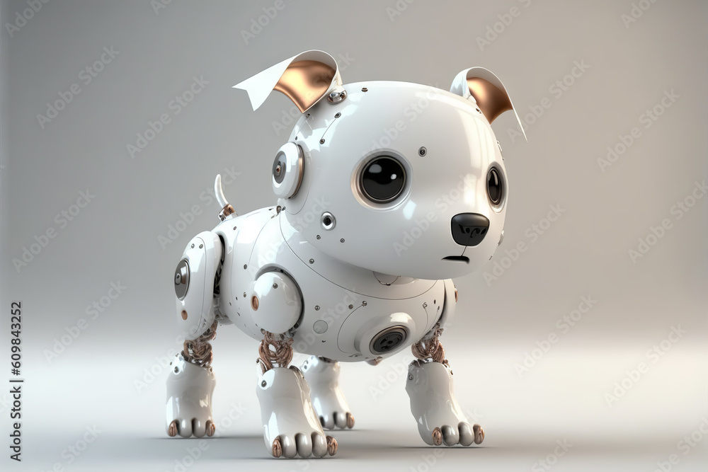 Cute robotic puppy on empty background. White happy little dog robot ...