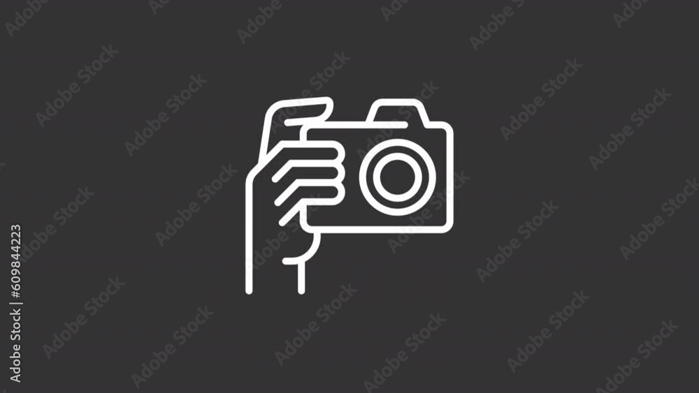 Vidéo Stock Animated camera in hand white icon. Taking photo line ...