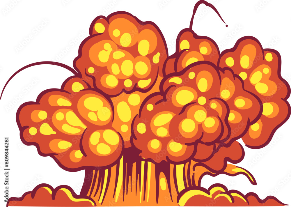 Cartoon explosion. Bang effect with smoke, atomic bomb, weapon burn ...