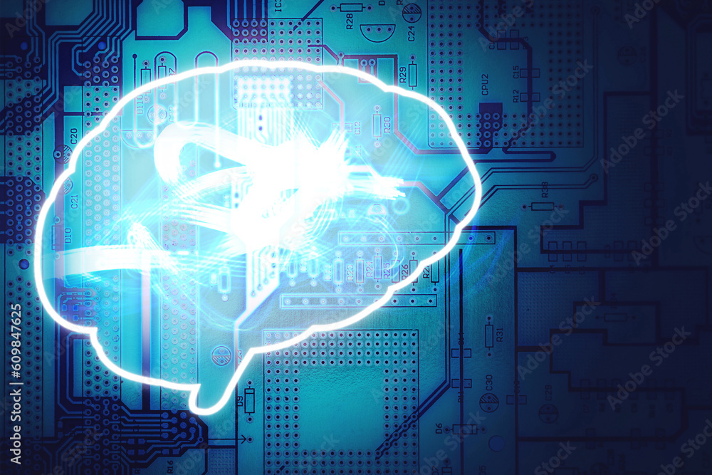 Shape of brain with light effects and printed circuit board symbolizing ...