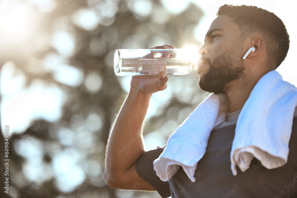 Man, fitness and drinking water in nature for sustainability, hydration ...