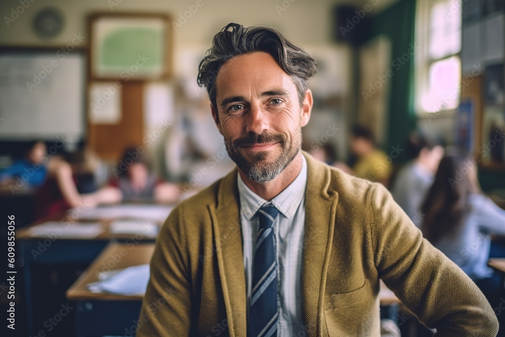 In a classroom, a handsome male school teacher is captured in a ...