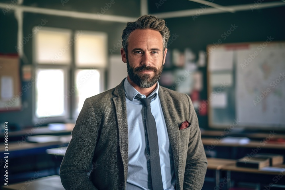 In a classroom, a handsome male school teacher is captured in a ...