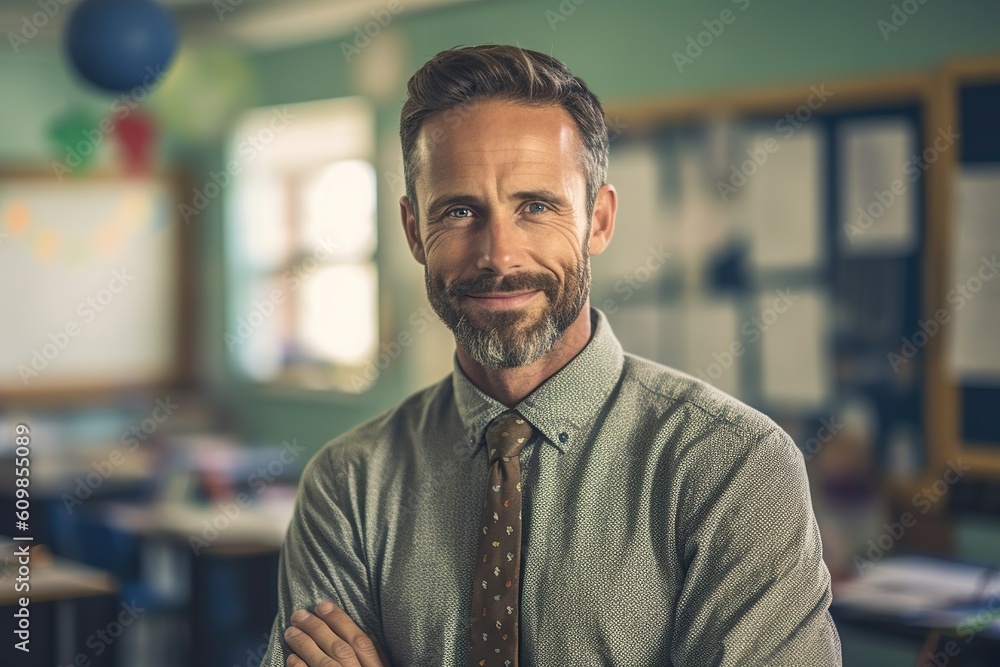 In a classroom, a handsome male school teacher is captured in a ...