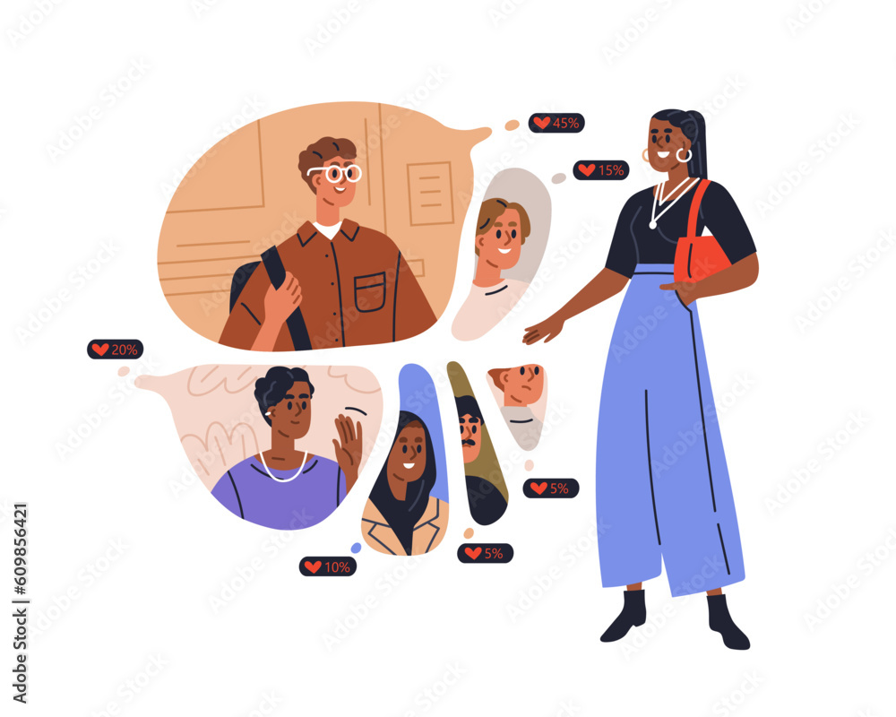 Woman choosing love partner, ranking, comparing men. Choice, comparison ...